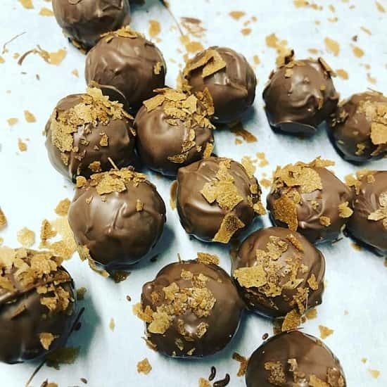 A fresh batch of Crispy wafer truffles & rhubarb crumble truffle making ...